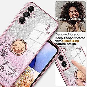 Bonoma Case for Samsung Galaxy A14 with 360°Rotatable Ring Holder Kickstand, Cute Luxury Saprkle Glitter Pretty Pink Flowers Floral Shiny Bling Sparkle Cover Shell for Women Girls