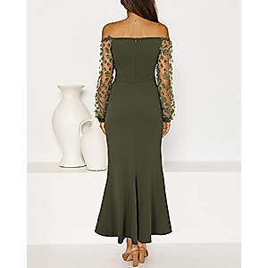 BTFBM Women Elegant Off Shoulder Dresses Sheer Long Sleeve Mesh Ruched Wrap Split Bodycon Maxi Cocktail Wedding Guest Dress(Solid Army Green, Large)