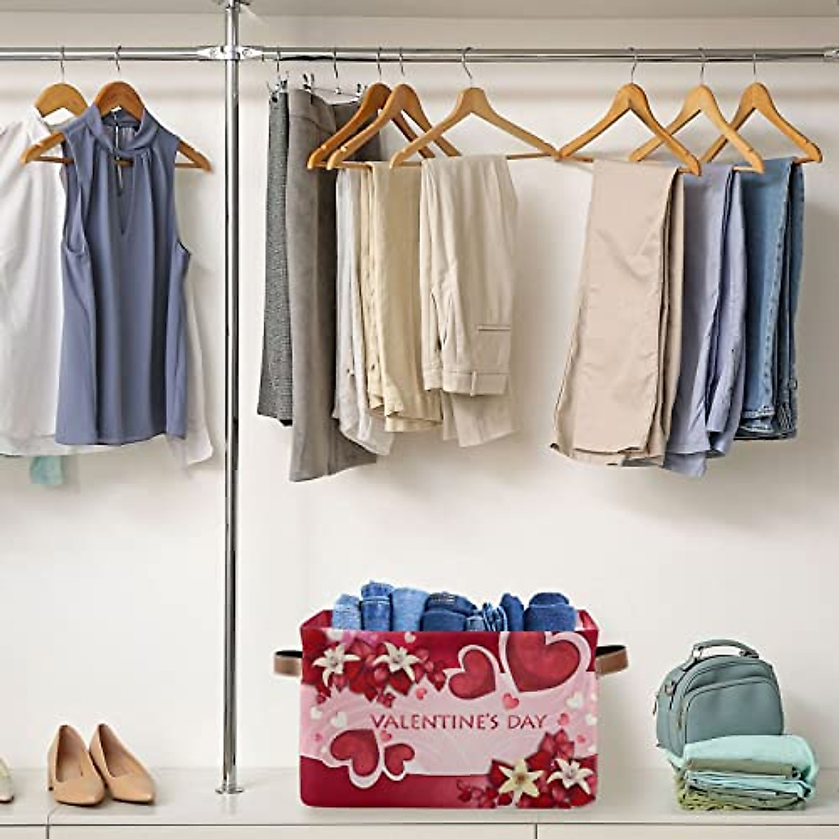 senya Valentine's Day Basket, Valentine's Day Beautiful Flowers and Hearts Foldable Fabric Collapsible Storage Bins Organizer Bag for Storage Clothes