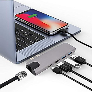 USB C Hub, 7 in 1 Type C HUB Multiport Adapter with 2 USB3.0, 4K HDMI Port, Gigabit LAN Port for MacBook/MacBook Pro 2017/2018.