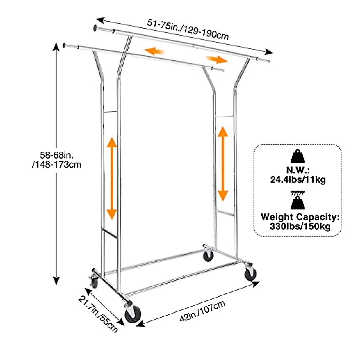 ALUPOM Extendable Double Rod Clothing Rack on Wheels, Heavy Duty Rolling Commercial Garment Rack, Chrome Clothes Rack for Hanging Clothes