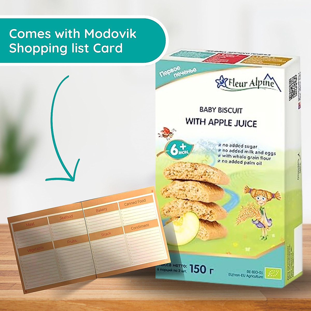 Organic Baby Snacks Bundle. Includes Two-5.3 Oz Boxes of Fleur Alpine Whole Grain Biscuits with Apple Juice Baby Teething Snacks & Modovik Shopping List. Healthy & Non- GMO Organic Teething Biscuits for Babies 6+ Months.