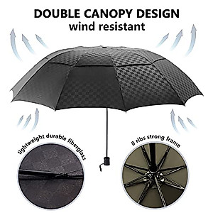 Satol Large Golf Umbrella 62 Inch, Black Automatic Windproof Double Canopy Vented 8 Ribs Sturdy Folding Umbrella, UPF 50+ Portable Wind Resistant Sun & Rain Compact Umbrellas for Travel (checkered)
