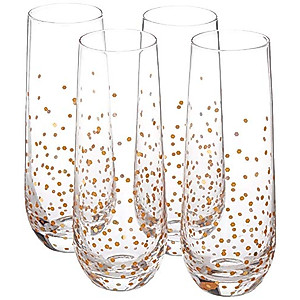 Circleware Stemless Champagne Flutes Set of 4 Party Dining Beverage Drinking Wine Glasses, Glassware Cups for Water, Liquor, Whiskey and Decor Gifts, 4 Count (Pack of 1), Gold Confetti 4pc