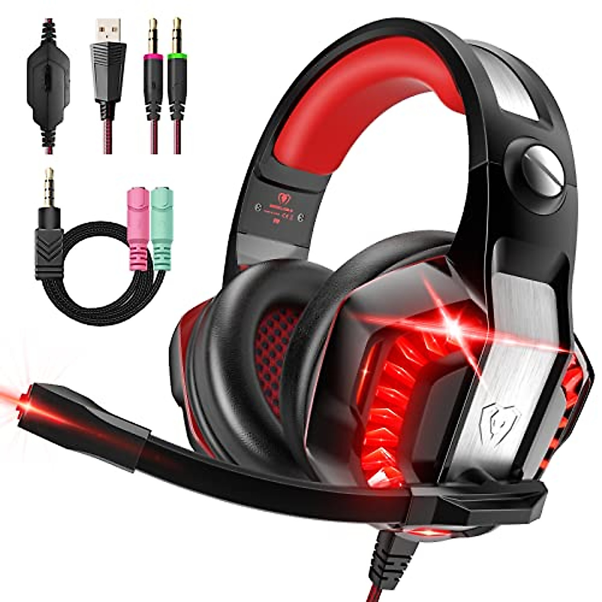 Foyose Gaming Headset for PS4 PS5 Xbox one PC, PS4 Headset with Noise Cancelling Mic, Soft Memory Earmuffs for Mac Laptop (Black RED), (YZ-US-GM2R)