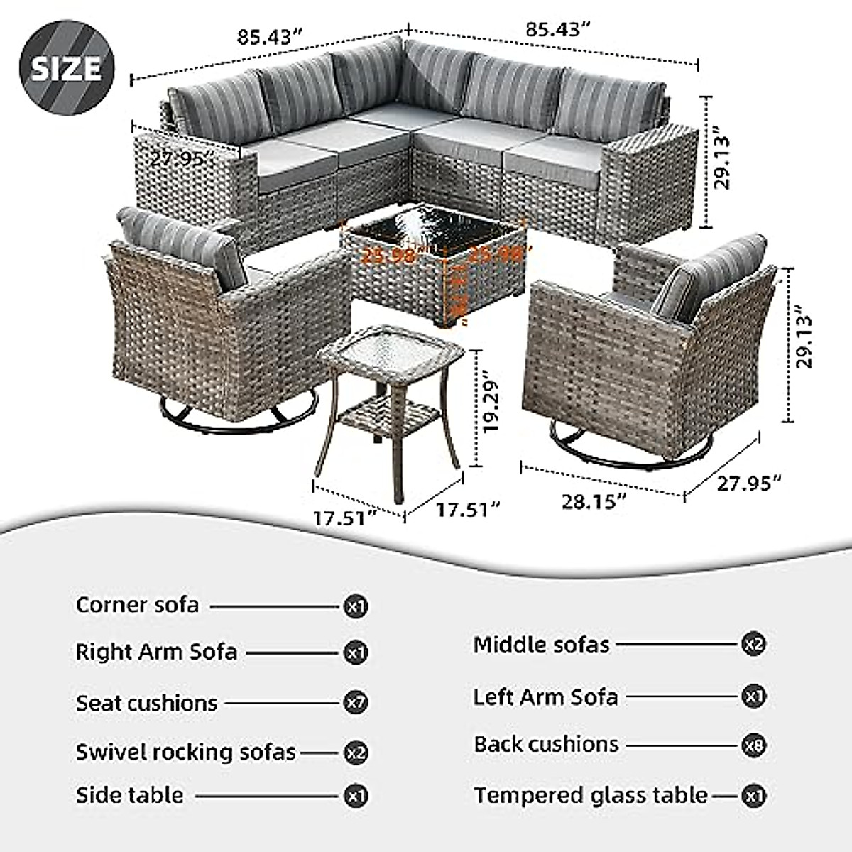 XIZZI Patio Furniture Sets Outdoor Sectional Sofa Swivel Rocking Chairs 9 PCS All Weather PE Wicker Conversation Couch with Coffee and Side Table for Backyard Deck Garden,Dark Grey Stripes
