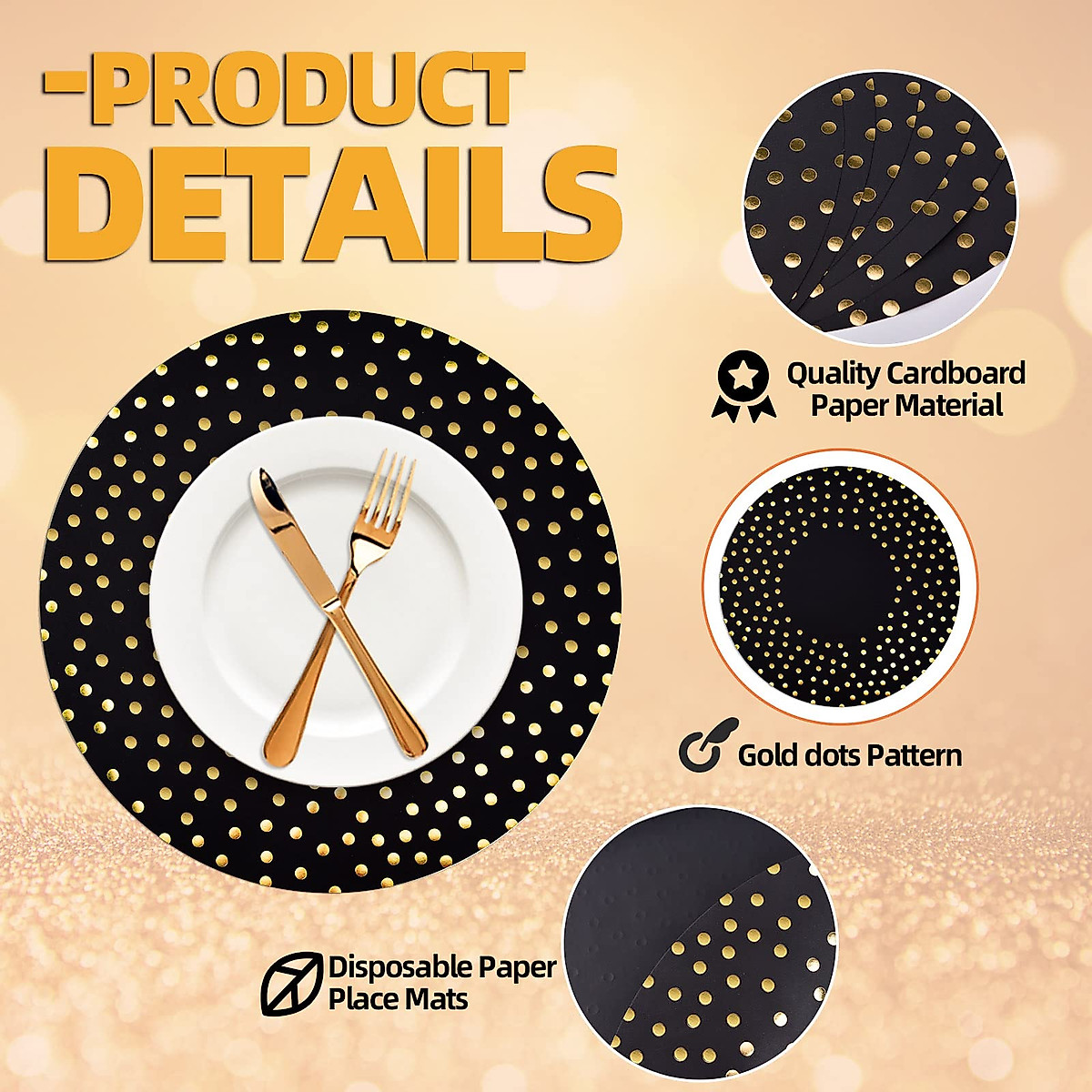 50 Pcs 14 Inch Black and Gold Foil Paper Place Mats Golden Polka Dots Round Placemats Disposable Decorative Table Mats for Wedding Banquet Party Home Dining Table Decor