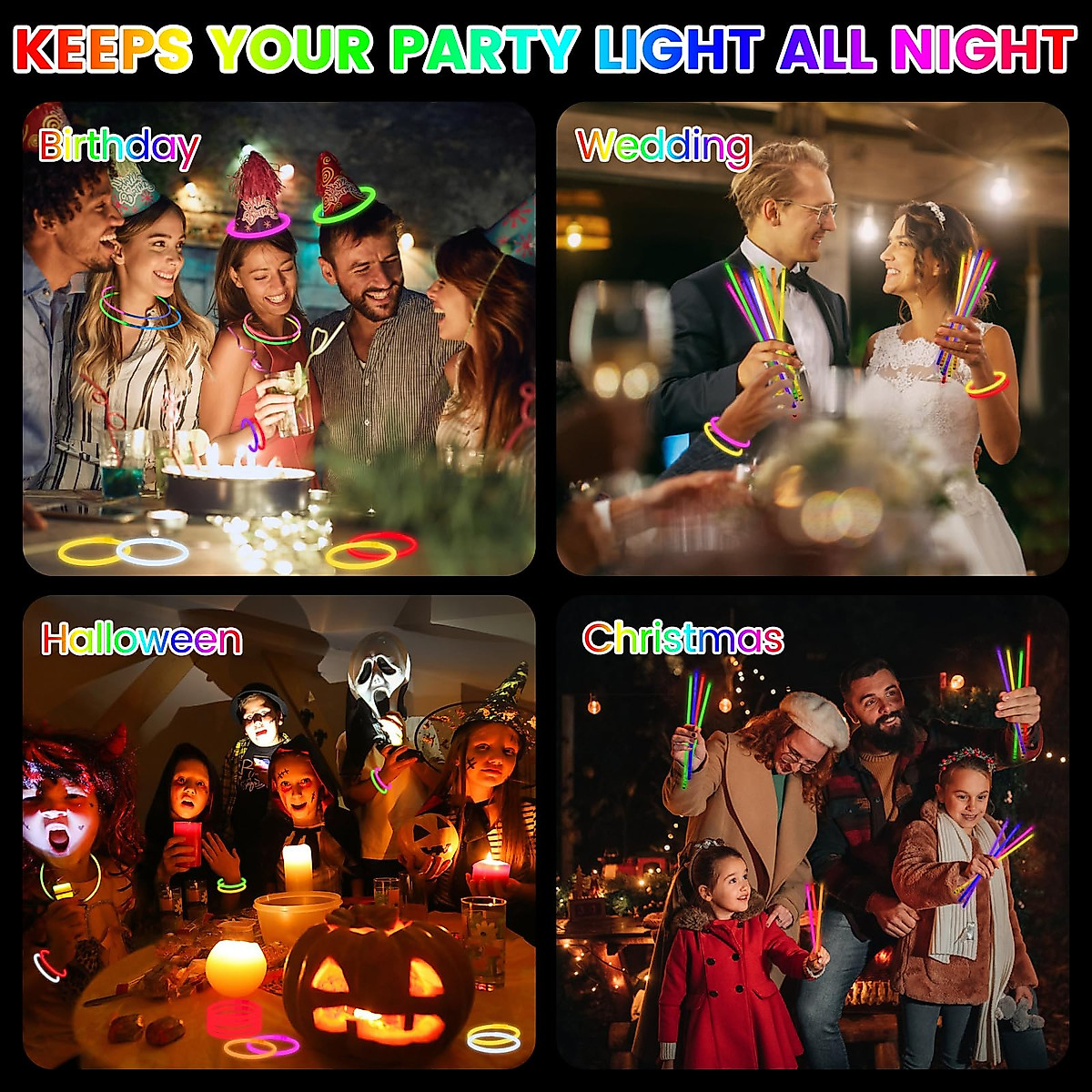 Glow Sticks Bulk Party Favors 100 Pack 8" Glow in the Dark Party Supplies Light Up Neon Party Decorations Glow Necklaces Bracelets for Kids Adults Birthday Halloween Christmas Easter Valentine Wedding
