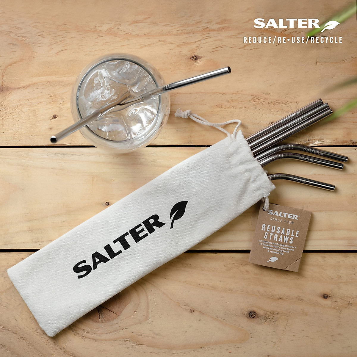 Salter 302 SSXR Eco Reusable Metal Drinking Straws, Curved and Straight Design, Set of 8, Includes a Sisal Fibre Cleaning Brush and Drawstring Bag, Perfect for a Night Out or Picnic, Stainless Steel