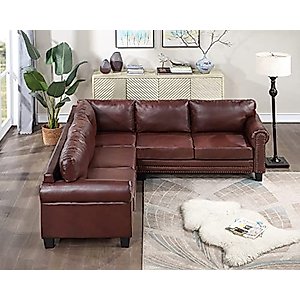 DHHU Mid-Century Sectional Corner Sofa L-Shape Scroll Arms & Rivet Ornament for Large Space Dorm, Living Room Apartment Office Furniture, Brown Couch