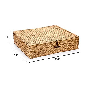 Hipiwe Flat Woven Wicker Basket Bins with Lid X-Large Natural Seagrass Storage Basket Box Multipurpose Household Basket Bins Boxes for Shelf Wardrobe Organizer, Caramel