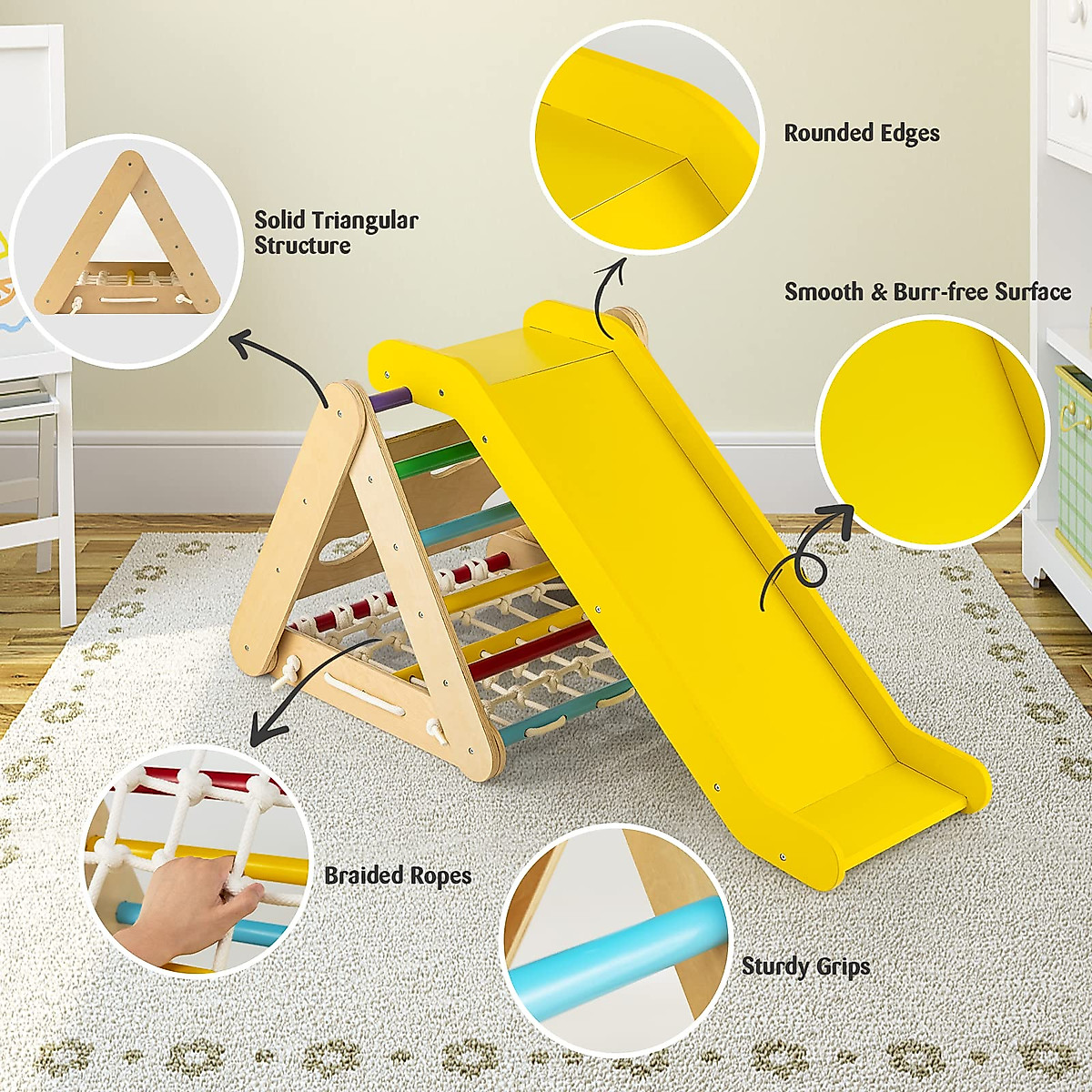 GLACER 4-in-1 Climbing Triangle w/Ramp, Climbing Toy Set with Rope Wall, Climbing Rock & Climbing Ladder, Fun Slide, Indoor & Outdoor Fun Triangle Climber for Kids Room, Play Room, Daycare (Rainbow)