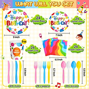 Meanplan Serves 24 Guests Happy Birthday Plates and Napkins Rainbow Polka Dot Birthday Tableware Set Rainbow Dot Birthday Party Decorations for Kids Included Cups Knives Forks Spoons Total 168 Pcs