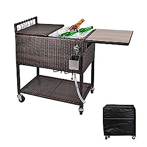 HOSFO 80 Quart Outdoor Rolling Patio Cooler Cart on Wheels, Portable Wicker Ice Chest, Rattan Beverage Bar for Patio Deck Party, Drink Cooler Cart with Bottle Opener, Cutting Board, Cover (Brown)