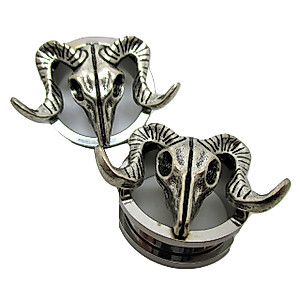 Pierced Republic Ram Skull Ear Plugs - Stainless Steel Screw-On Ear Plugs - 8 Sizes - Pair - New! (1" (25mm))