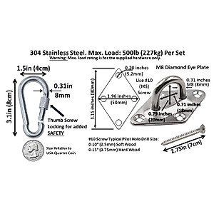 Branded Boards Heavy Duty Black or Silver 1000lb Load Hammock Hanging Kits with Locking Carabiner Snap Hooks, for Trees, Ceilings, Walls, Porches, Posts (Diamond-Plate-Hammock-Kit-Silver)