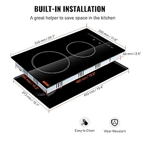 VEVOR Built in Electric Stove Top, 12 inch 2 Burners, Glass Radiant Cooktop with Sensor Touch Control, Timer & Child Lock Included, 9 Power Levels for Simmer Steam Slow Cook Fry,110V with US Plug