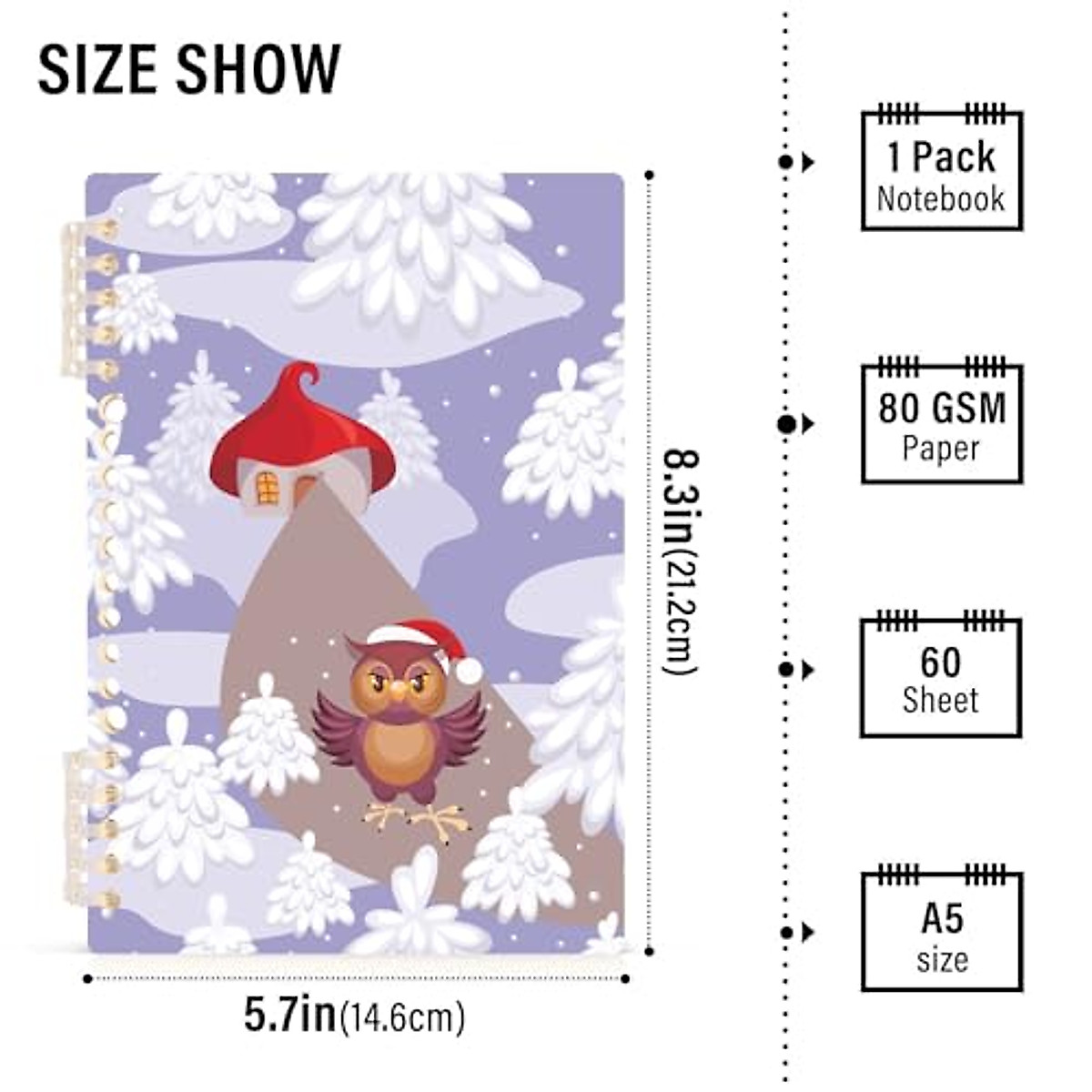 SPRIPORT Christmas Winter Owls Spiral Journal Notebook for Women Men A5 Memo Notepad Sketchbook with Durable Hardcover & 60 Pages Writing Journal for Journaling Notes Study School Work Boys Grils