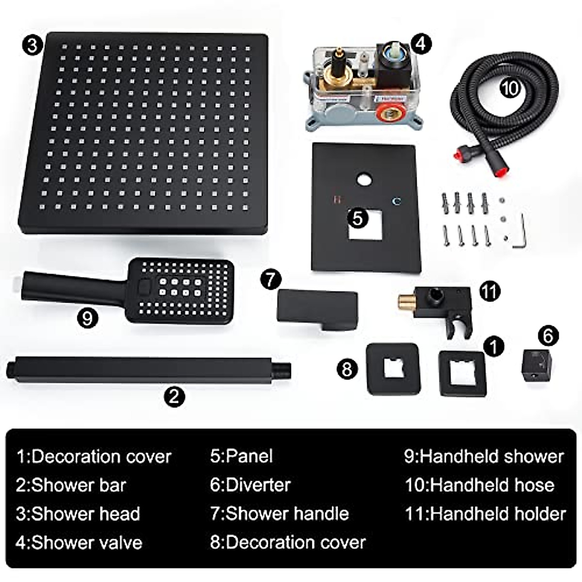 Midanya Matte Black Shower System Ceiling Mount ABS 12 Inch Rain Shower Head with 3 Functions ABS Handheld Spray Luxury High Pressure Shower Combo Set Rough-in Valve and Shower Trim