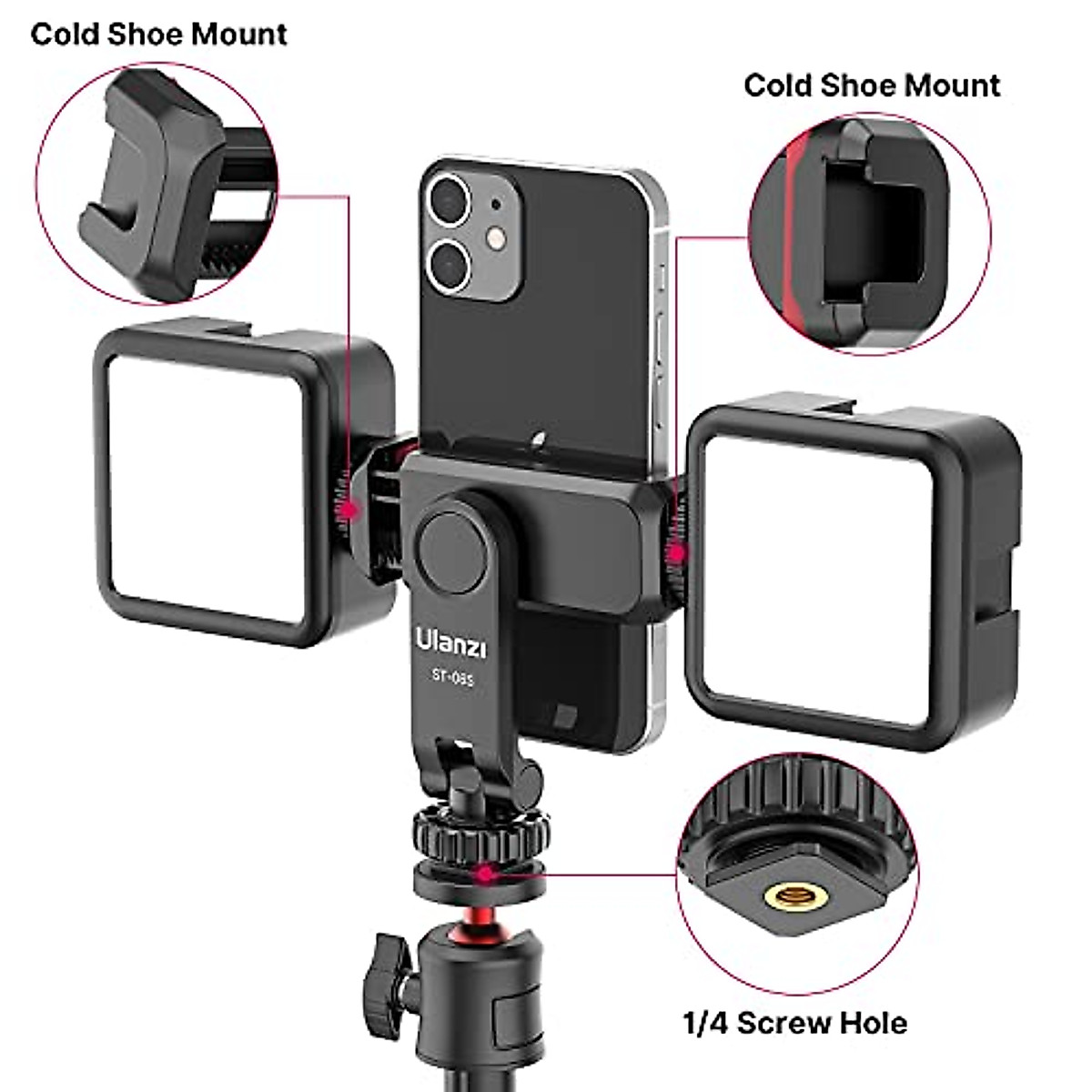 ULANZI Phone Tripod Mount ST-06S, Universal Smartphone Mount Adapter with 2 Cold Shoe, 360° Rotates and Adjustable Cell Phone Clip Clamp Holder, Compatible with iPhone, Samsung Galaxy and All Phones