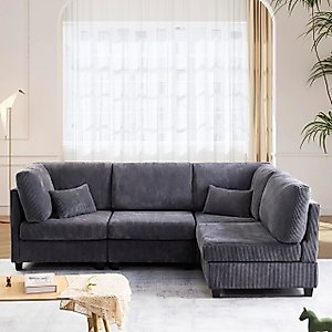 MYINDA Sectional Couches for Living Room, Convertible 4-Seat Deep Modular Couch with Movable Ottoman, Modern L Shaped Couch, Comfy Corduroy Upholstered Corner Sofa & Couches (Dark Gray)