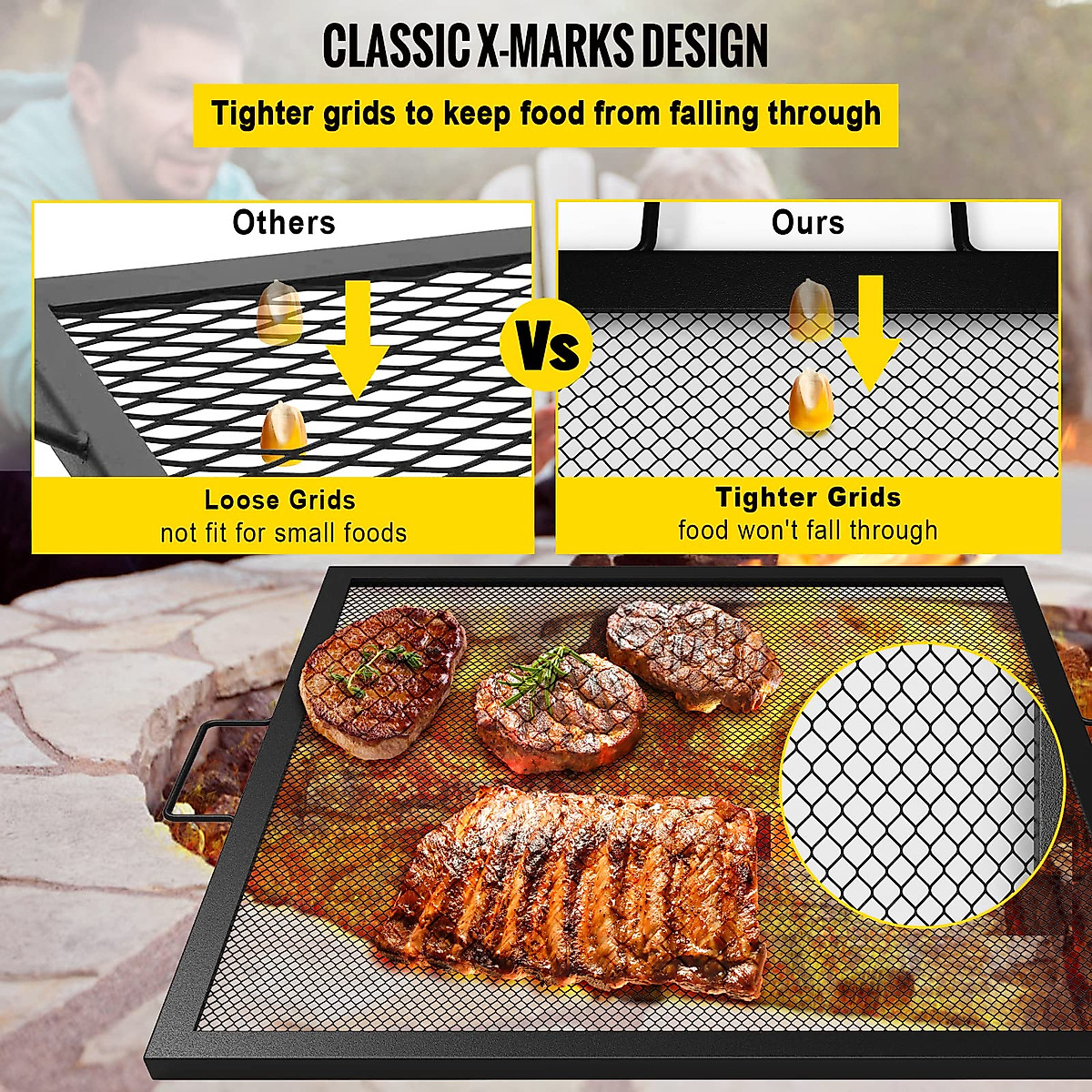 VEVOR Rectangle Fire Pit Grate, X-Marks Rectangle Grill Grate, Black Steel Fire Grate, Fire Pit Cooking Grate with Handles, Fire Grill Grate for Fire Pit, (36 x 36-inch)