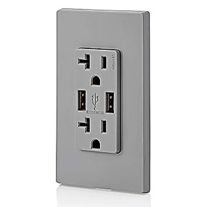 Leviton T5832-GY 20-Amp USB Charger/Tamper Resistant Duplex Receptacle, Gray, 1-Pack