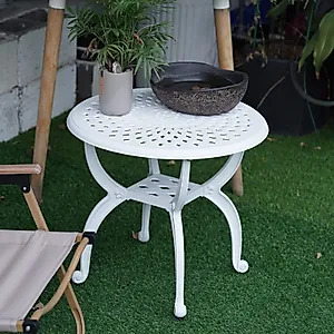 C/G Outdoor Side Tables,Cast Aluminum Patio End Tables,Anti-Rust Coffee Table for Garden Patio Lawn (Round-end Tables, White)