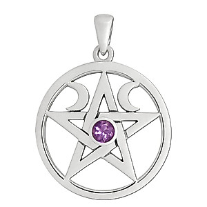 Moonlight Mysteries Triple Moon Pentagram Pendant - Sterling Silver Wiccan Pagan Amethyst Pentacle Charm