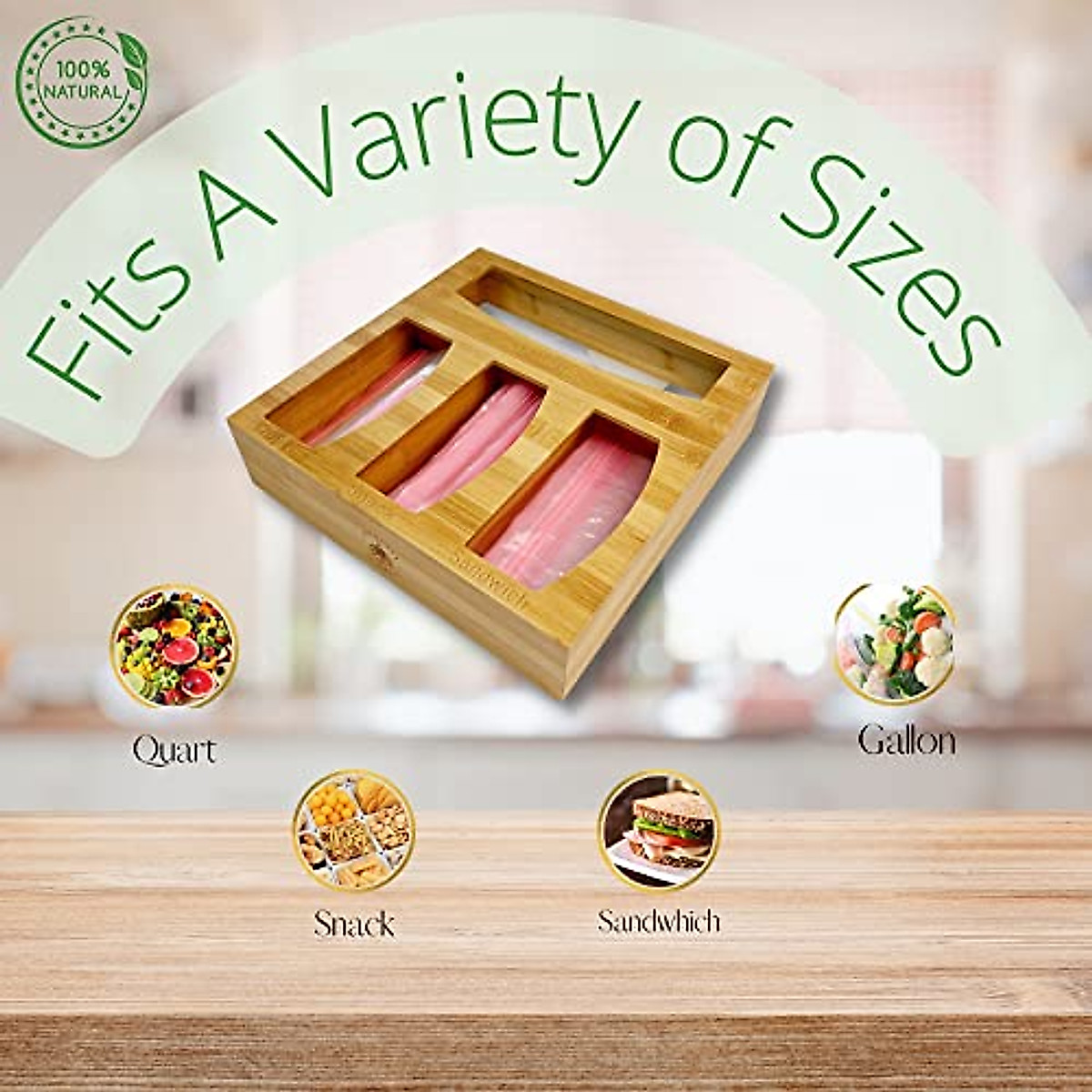 Ziplock Bag Storage Organizer- Bamboo material dispenser, Food storage baggies Suitable for Gallon, Quart, Sandwich, Snack Size Bags, (1 box 4 slots)