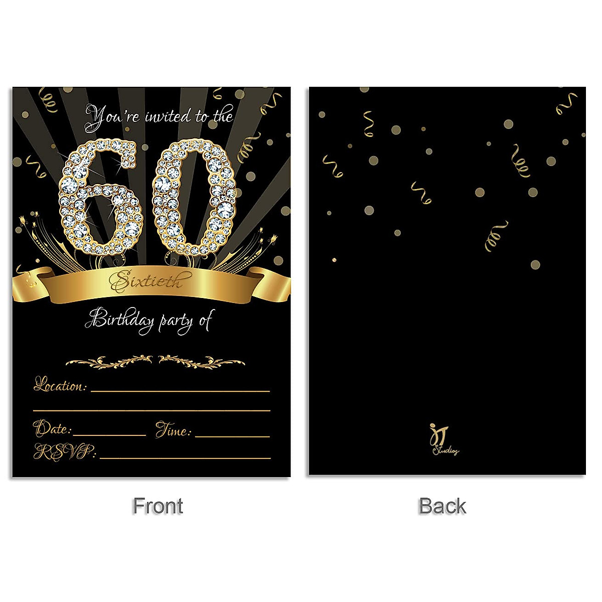 JT Studios 60th Birthday Party Invitations 5x7 Black & Gold Cards with Envelopes and Gold Metallic Pen (Pack of 25)