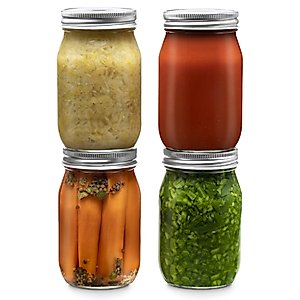 Glass Regular Mouth Mason Jars, 16 Ounce (4 Pack) Glass Jars with Silver Metal Airtight 1 Piece Lids for Meal Prep, Food Storage, Canning, Drinking, Overnight Oats, Jelly, Dry Food, Salads, Yogurt