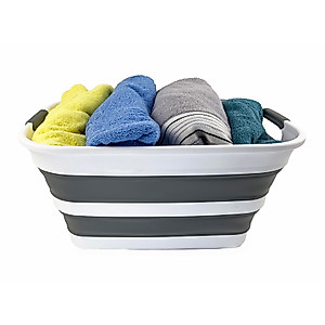 SAMMART Collapsible Plastic Laundry Basket with Dual Grip Handles 27L (7.1 Gallons) -Foldable Pop Up Storage Container/Organizer - Portable Space Saving Washing Tub/Hamper (1, White/Steel Grey)