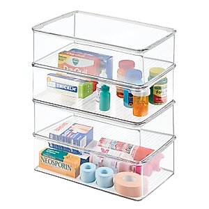 mDesign Plastic Bathroom Storage Organizer Box w/Hinge Lid for Closet Shelves, Cupboards, Holds Medicine, First Aid, Lotion, Cotton Swabs, Masks, and Styling Tools, Ligne Collection, 4 Pack, Clear