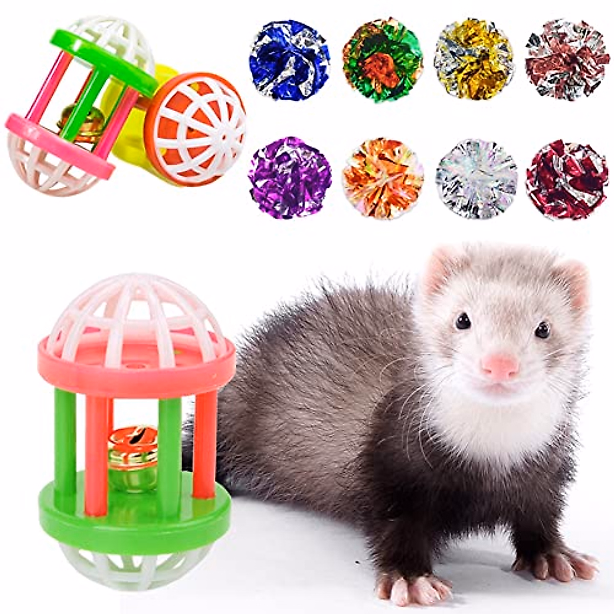 HAICHEN TEC 11 Pack Ferret Toys Set - Mylar Crinkle Balls Hollow Sound Toy with Bell Interactive Exercise Scratch Play Chasing Chewing Toys Random Color for Indoor Pet Ferret Cat Kittens (11 Pack)