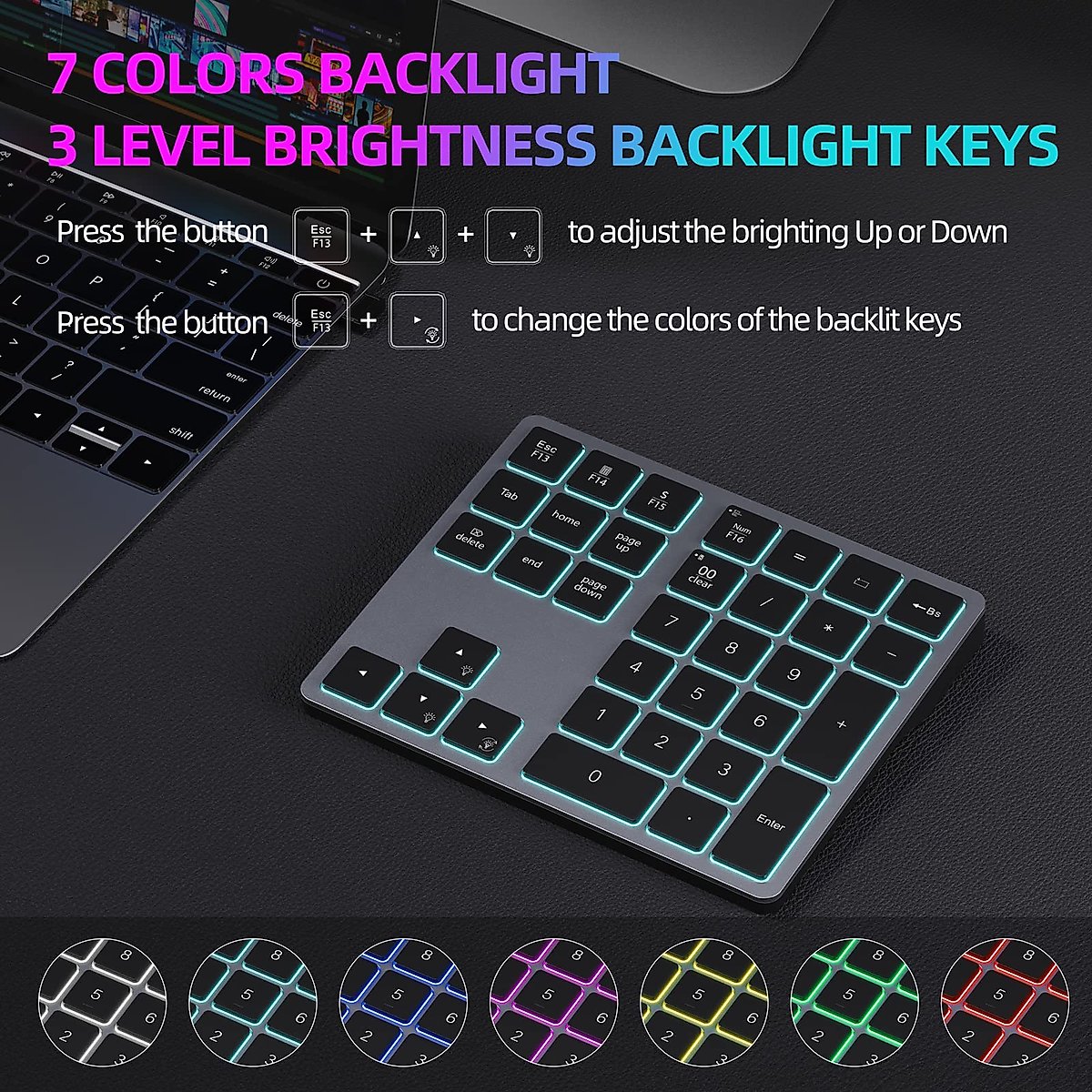 Doohoeek Backlit Bluetooth Numeric Keypad for Laptops and Computers, Number Pads 34 Keys with 7-Color Backlight for MacBook & Windows, Gray