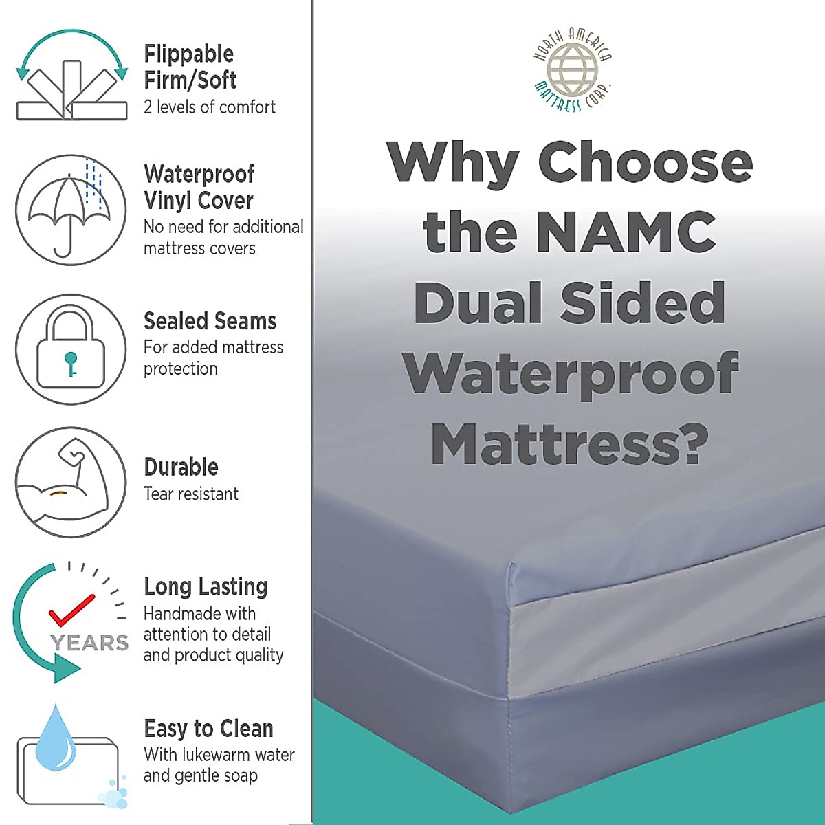 NAMC Bed-wetting Mattress - Dual-Sided: Firm or Soft, Durable Vinyl Cover - Twin XL (39" X 80" Long)