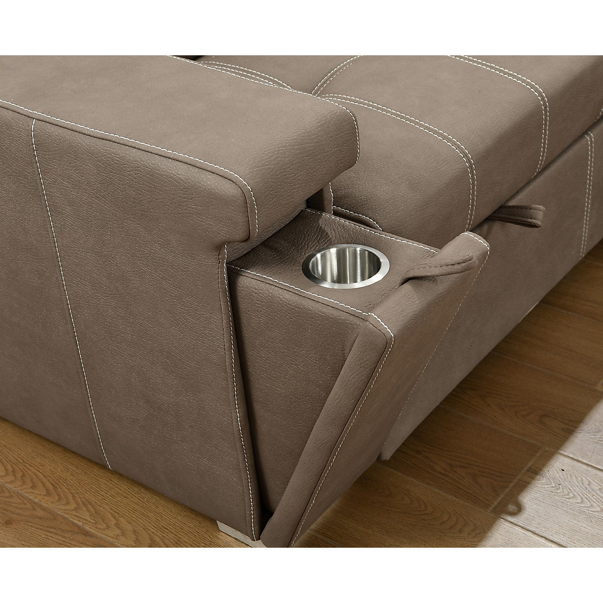 THSUPER 100" Microfiber L Shape Sleeper Sectional Sofa with Pullout Bed. 5-Seats Sectional Couch with Storage Ottoman and Cup Holder. Adjustable Headrest with Sectional Sleeper Couch. Brown