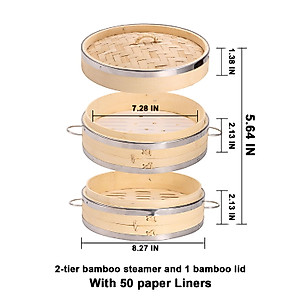 Niuirt Bamboo steamer basket set 8-inch, 2-tier dumpling steamer with side handles and 50pcs paper liners for buns, dim sum, dumplings, vegetables, and seafood.