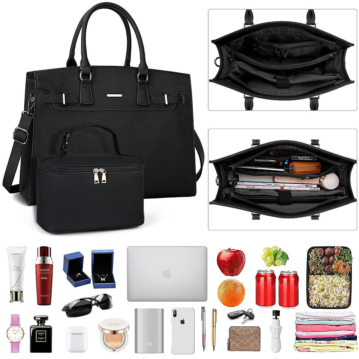 Laptop Bag for Women 15.6 Inch Waterproof Leather Tote Bag Lightweight Business Office Work Bag with Insulated Cooler Lunch Bag Large Professional Briefcase Computer Handbag Shoulder Bag Dark Black