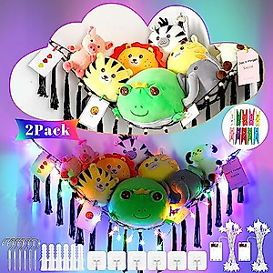 2 Set Large Stuffed Animal Toy Net Hammock with LED Light Plush Toy Hammock with Hooks Boho Corner Stuffed Animal Hanging Organizer for Kids Bedroom Nursery Decoration (Black)