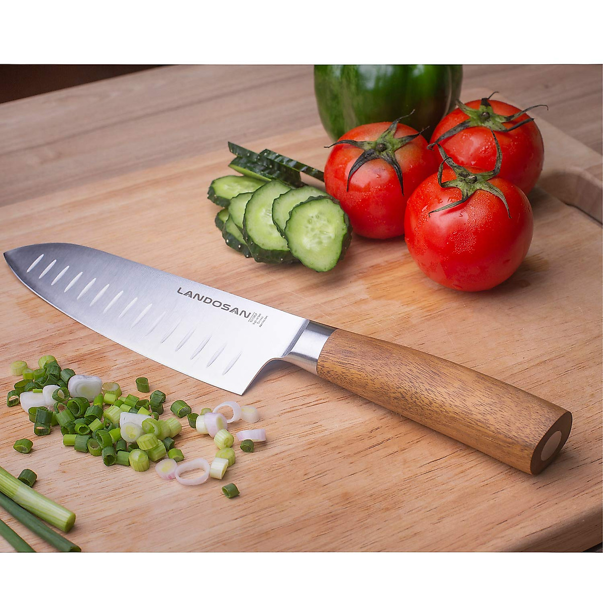 LANDOSAN Santoku Knife 7 inch Kitchen Knives Vegetable Stainless Steel Blade Genuine Wood Handle Cutlery for Home Kitchen and Restaurant…