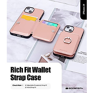 GOOSPERY Rich-Fit iPhone 14 Crossbody Wallet Case for iPhone 14 Case [Strap Included] with Card Holder Lanyard Magnetic Clasp [Kickstand Ring] Heavy Duty Protection, Rose Gold