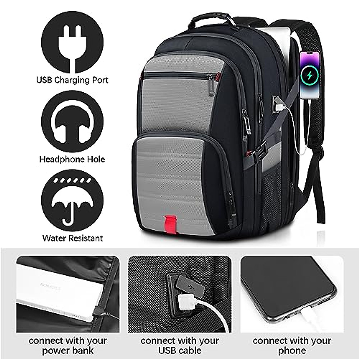 Extra Large Backpack, Travel Backpack, Laptop Backpack for Men Women, Big Backpack, 50L Water Resistant Flight Approved Business Work Computer Heavy Duty Bag with USB Port, Fits 17 Inch Laptops, Grey