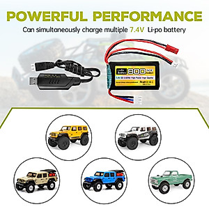 sea jump 7.4V LiPo 2S 50C 800mAh with JST and PH2.0 Plug with USB Charging Cable for SCX24 RC Car Battery, Bompatible with Most 1/10, 1/16, 1/18, 1/24 Scale RC car, Truck and RC Drone Batteries