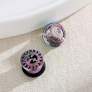 REELMAR 2Pcs Gauges for Ears Women Hollow Sun Moon Asymmetrical Plugs Single Flared Saddle Stretching Tunnels Expanders Stainless Steel Body Piercing Earrings 0G 00G to 1 Inch (10mm (00G), Rainbow)