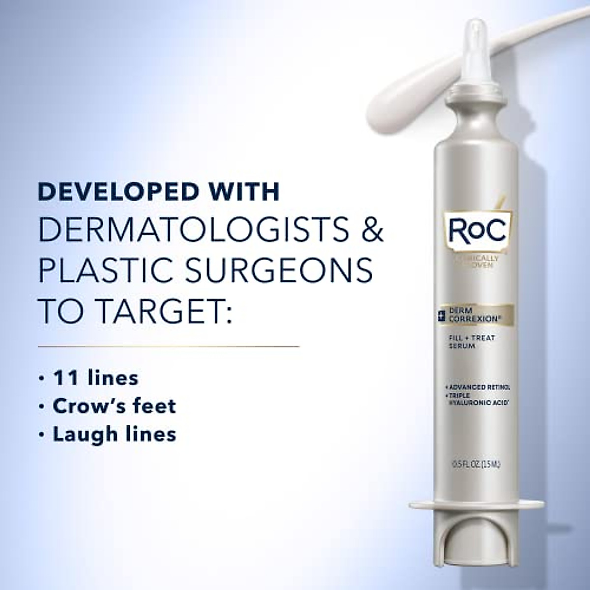RoC Derm Correxion Fill + Treat Advanced Retinol Serum, Wrinkle Filler Treatment with Hyaluronic Acid for Forehead Wrinkles, Crow's Feet, Eleven Wrinkles, and Laugh Lines, 15ml
