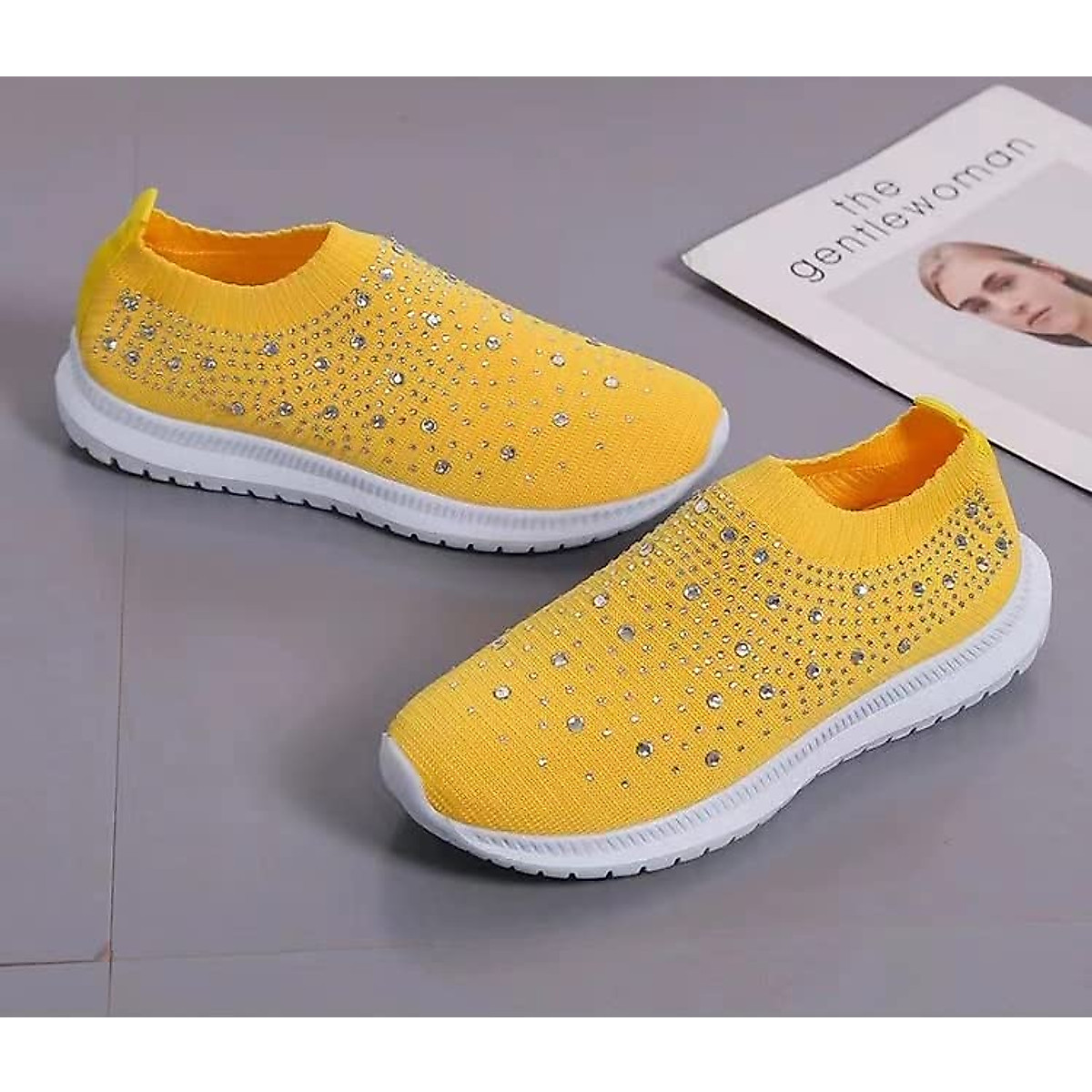 IMPREMEY Women's Sparkle and Shine Rhinestone Glitter Slip-on Mesh Walking Shoe with Non-Slip Sole Yellow