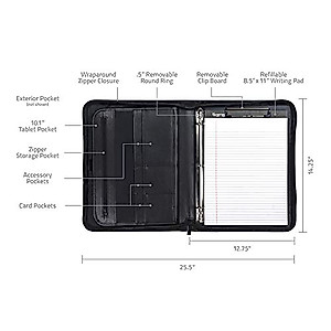 Samsill Professional Padfolio Bundle, Includes Removable Clipboard, 0.5-Inch Round Ring Binder with Secure Zippered Closure and 10.1 Inch Tablet Sleeve, Black, Full Size (70829)