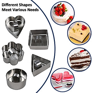 LIOUCBD 5PCS Cake Ring Mold Set, Stainless Steel Round Dessert Mousse Mold, 5 Shaped Cake Cutters with Pusher and Lifter Baking Rings for Making Salads Cakes Cookie Tiramisu Sandwiches